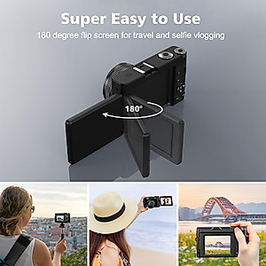 4K Digital Camera with Flash, 48MP Camera for Photography Teens Adults Autofocus Vlogging and YouTube Cameras with Flip Screen, Anti-Shake, 16X Digital Zoom, 32GB Card, Two Batteries, Lanyard