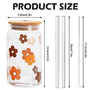 Whaline Retro Flowers Beer Can Glasses with Lids and Straw Boho Groovy Drinking Glasses Ice Coffee Cup Tumbler Cup for Cocktails Whiskey Beer Soda Gifts, 16oz