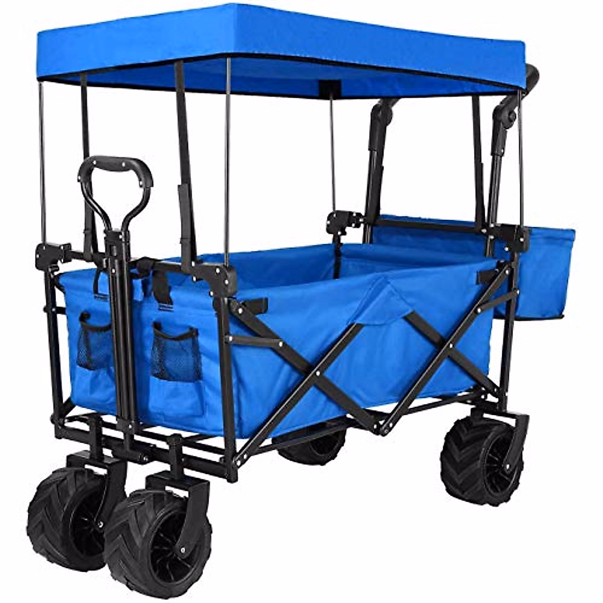 Collapsible Utility Wagon, Heavy Duty Folding Portable Push and Pull Hand Cart with Removable Canopy, for Shopping, Picnic, Beach, Camping, Red (Blue