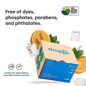 Dropps Stain & Odor Laundry Detergent | Clean & Crisp, 32 Pods | Low-Waste Packaging | Works In All Machines - High Efficiency (HE) Compatible | Powered by Natural Plant-Based Ingredients