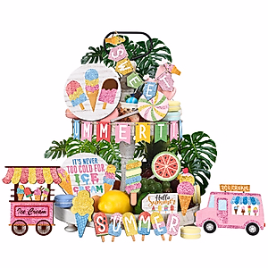 11 Pcs Ice Cream Party Tiered Tray Decor Ice Cream Party Decorations Supplies Wooden Signs for Summer Home Summer Farmhouse Cream Tiered Tray Decor (Ice Cream Style)