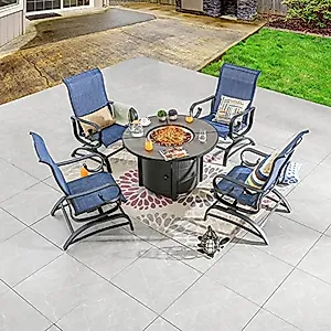 Festival Depot 5Pcs Patio Fire Pit Table Set, Outdoor Furniture Conversation Set, Propane Table and 4 Armchairs with High Textilene Back and Metal Frame for Backyard Porch Lawn Deck Garden (Blue)