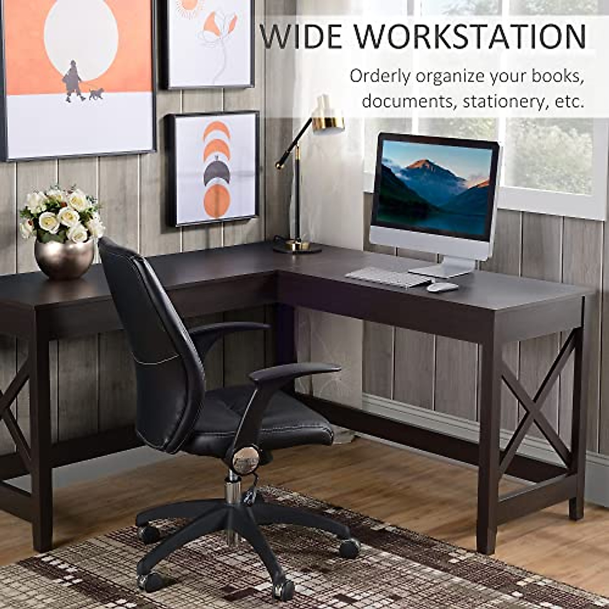 HOMCOM 57" L-Shaped Corner Desk, Computer Home Office Desk and Writing Table, Brown