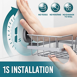 TAILI Heavy Duty Suction Cup Shower Caddy 2 Pack, Removable Rustproof Stainless Steel Shower Rack, Drill-Free Shower Shelf with Hooks, Wall Mounted Basket Organizer for Bathroom, Grey