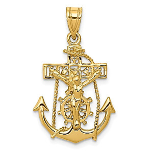 Solid 14k Yellow Gold Anchor Mariners Cross Pendant Charm - 29mm x 18mm