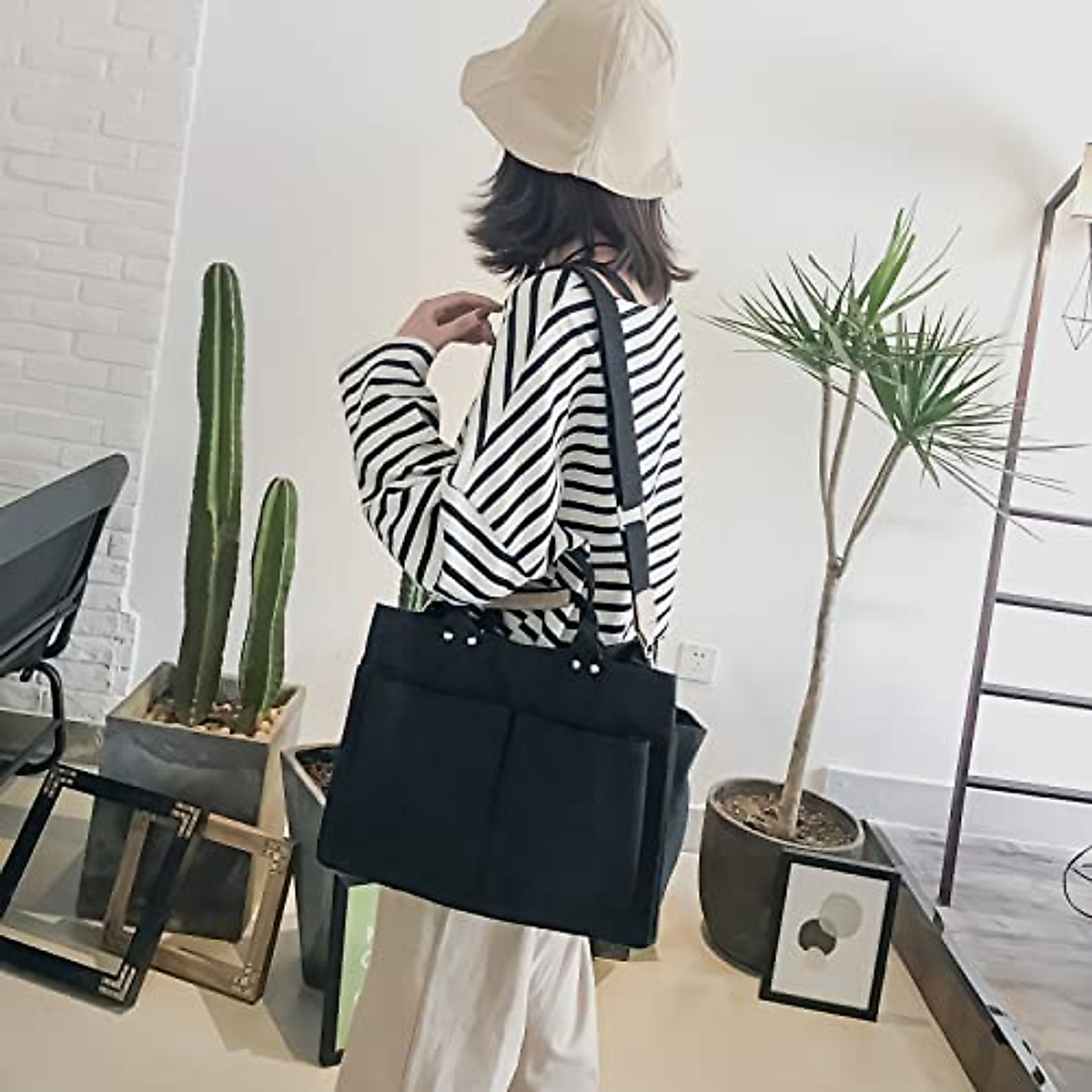 GK-O Women Canvas Handbag Shoulder Bags Simple Multi Pocket Messenger Bag Large Capacity Shoulder Bag Hobo Bag (Black)