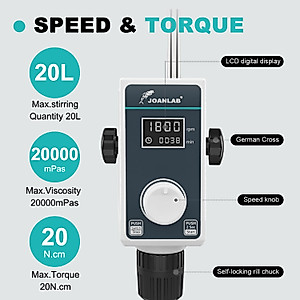 JOANLAB Overhead Stirrer Set 20L 20000 mPas Digital Overhead Mixer Lab Stirrer w/Stirring Rods 100-1500RPM Timing 1min-24h (Stand Included)