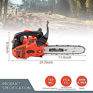 25.4CC Gas Chainsaw, 12" Gasoline Chainsaw Handheld Cordless Petrol Gasoline Chain Saw Wood Cutting Grindling Machine for Cutting Wood with Tool Kit,Garden Farm Home Use,3000r/min