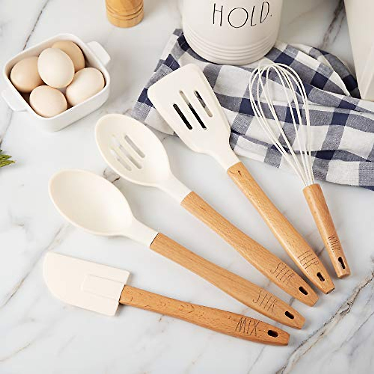 Rae Dunn Everyday Collection 5 Piece Silicone Kitchen Utensil Set with Canister Holder- Kitchen Tools with Beechwood Handles (White)