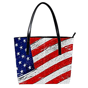Vintage American Flag Tote Bag for Women Girls, Leather Shoulder Bag with Inside Pockets, Zip Top Handbags