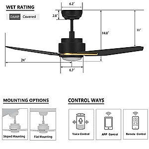 SMAAIR Smart Ceiling Fan with light, 3 Blades Black Outdoor Ceiling Fan with DC Motor,10-Speed,1-8 Hours Timer Schedule, Compatible with Remote Control/Alexa/Google Home/Siri (48", Black/Gold)