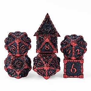 Cusdie Metal Dice with Metal Box, 7 PCs DND Metal Dice, Dagger Design Polyhedral Dice Set, for Role Playing Game D&D Dice MTG Pathfinder (Black with Red Font)