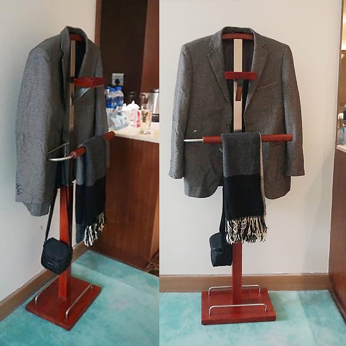 KARMIO Suit Valet Stand with Pant Bar Clothing Valet Rack with Small Tray Wood Freestanding Valet Rack for Women and Men,Used in Entryway Office Living Room