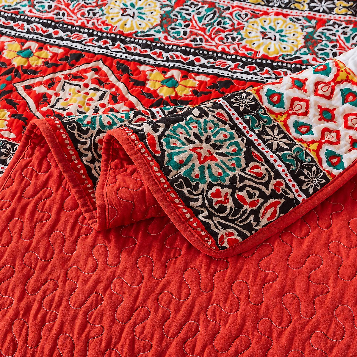 NEWLAKE Cotton Bedspread Quilt Sets-Reversible Patchwork Coverlet Set, European Boho Striped Pattern, Queen Size