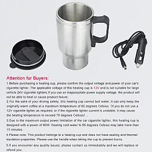 12V Car Heating Cup Car Heated Mug, 450ml Stainless Steel Travel Electric Coffee Cup 14oz. Insulated Heated Thermos Mug