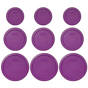 Pyrex Thistle Purple (3) 7200-PC, (3) 7201-PC, & (3) 7402-PC Round Plastic Food Storage Replacement Lids, Made in USA