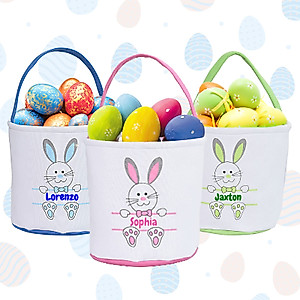 Molikyla Personalized Easter Basket Custom with Name for Boys Girls Kids Customized Easter Gifts Canvas Cotton Buckets, Blue, one size