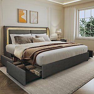 LIMGLIM Full Size Bed Frame with Storage, LED Full Bed Frame and Wingback Headboard, Upholstered Platform Bed Frame with Drawers, No Box Spring Needed, No-Noise, Easy Assembly, Grey