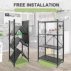 4-Shelf Foldable Storage Shelves with Wheels, Large Capacity Shelving Unit, Freestanding Metal Wire Shelf Rack, No Assembly Organizer Rack for Garage Kitchen, Basement, Pantry, Heavy Duty