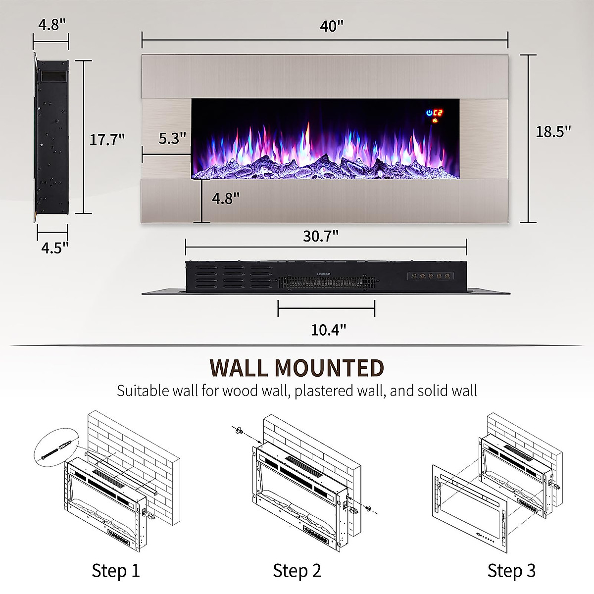 AMERLIFE 40" Wall Mount Electric Fireplace with Remote Control, Wall Hanging Fireplace Heater with Adjustable Flame Colors and Heater, Top-Vent, Low Noise, 750W/1500W, Stainless Steel Frame
