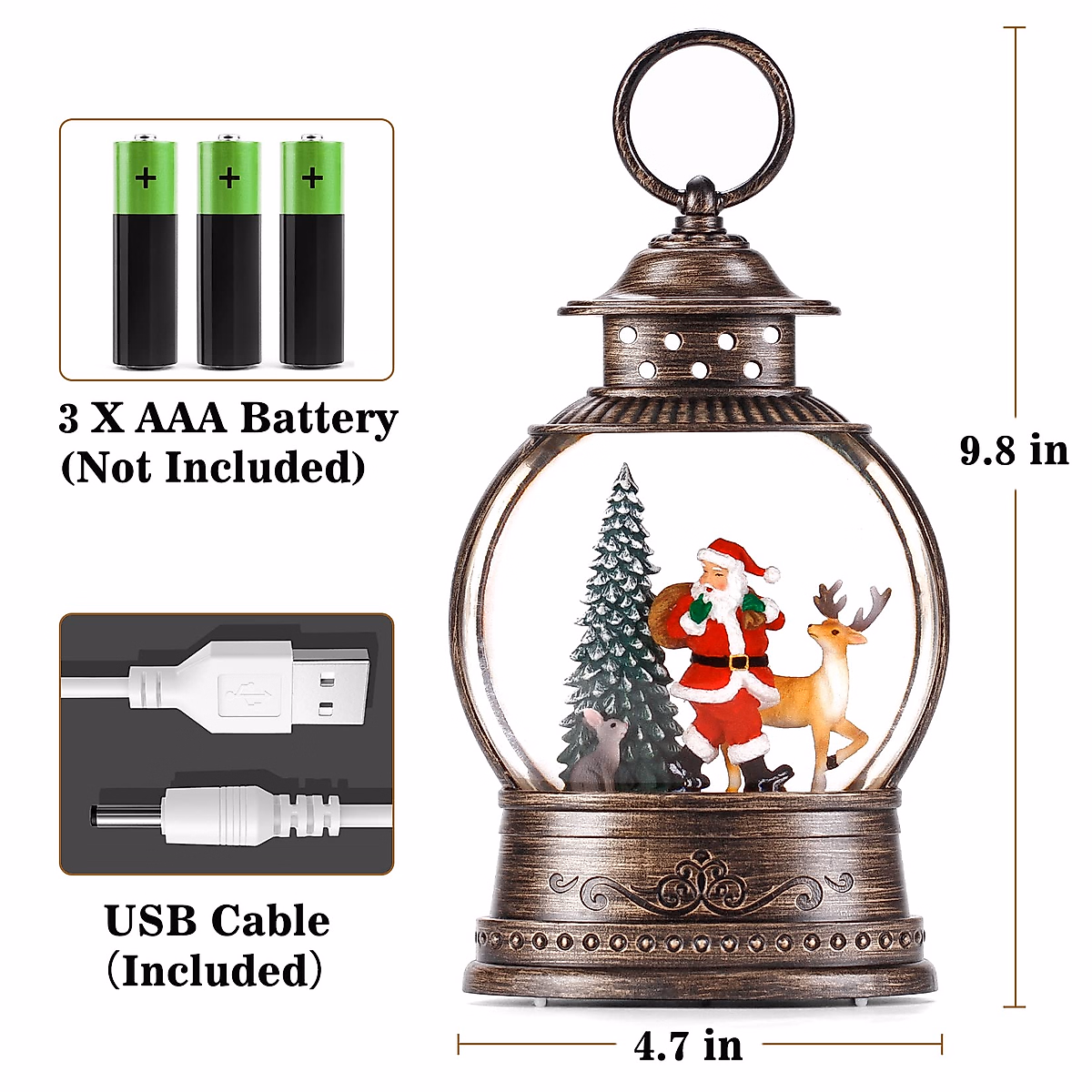 Christmas Snow Globes Musical with Santa Claus & Reindeer, Kikth Snowglobes Christmas Lantern Glitter Lighted for Christmas Decorations and Gift, Bronze