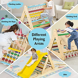 GLACER 4-in-1 Climbing Triangle w/Ramp, Climbing Toy Set with Rope Wall, Climbing Rock & Climbing Ladder, Fun Slide, Indoor & Outdoor Fun Triangle Climber for Kids Room, Play Room, Daycare (Rainbow)