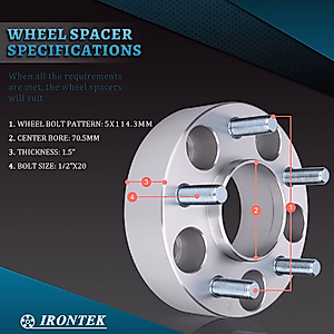 IRONTEK 1.5'' 5x114.3mm Wheel Spacers for Ford Lincoln Mazda 5x4.5" Hubcentric Wheel Spacers (1/2"x20 Studs, 70.5mm Hub Bore) for Ford Mach I/Mustang/Edge/Crown Victoria Mazda Navajo/B2500/B3000/B4000
