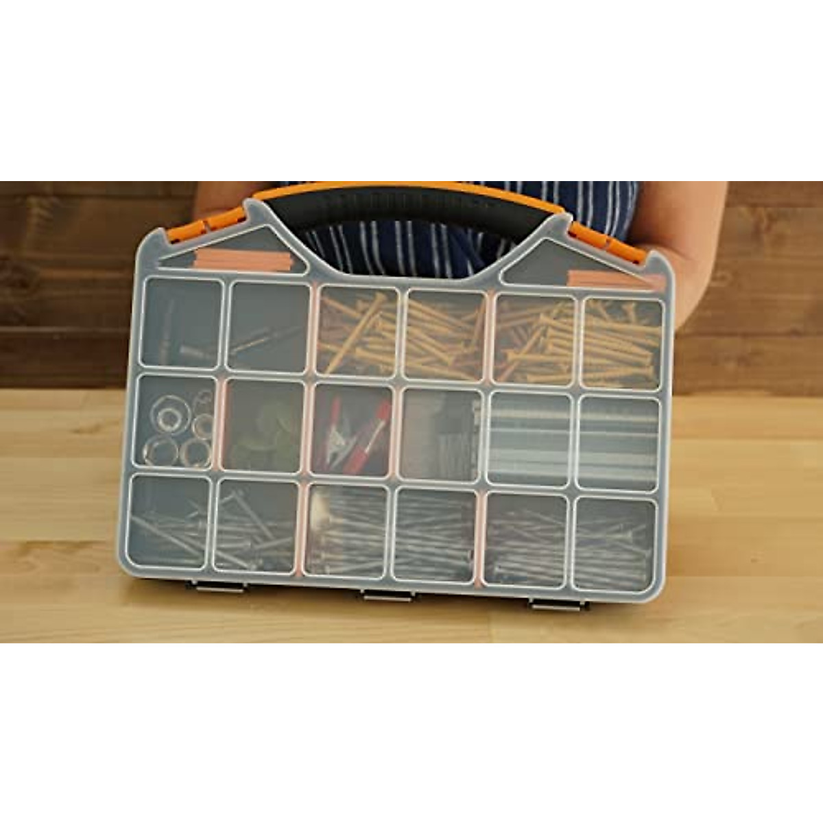 Massca Hardware Organizer box with dividers - 18 Compartments Small Parts Organizer with Accessible Hinged Lid - Durable Plastic Screw Organizer Store Nuts, Bolts, Screws, Nails, and Small Hardware