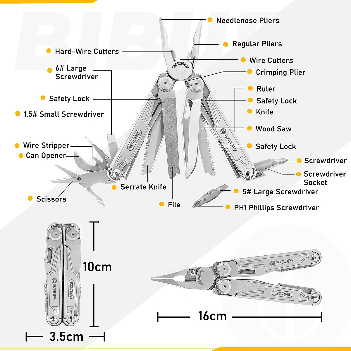 Gifts for Men Dad, BIBURY Multitool, 19-in-1 Stainless Steel Multi Tool with Fold-able Pliers, Screwdriver Sleeve, Scissors, Nylon Pouch, Muti-tool for Camping Survival Hiking Hunting Repairing