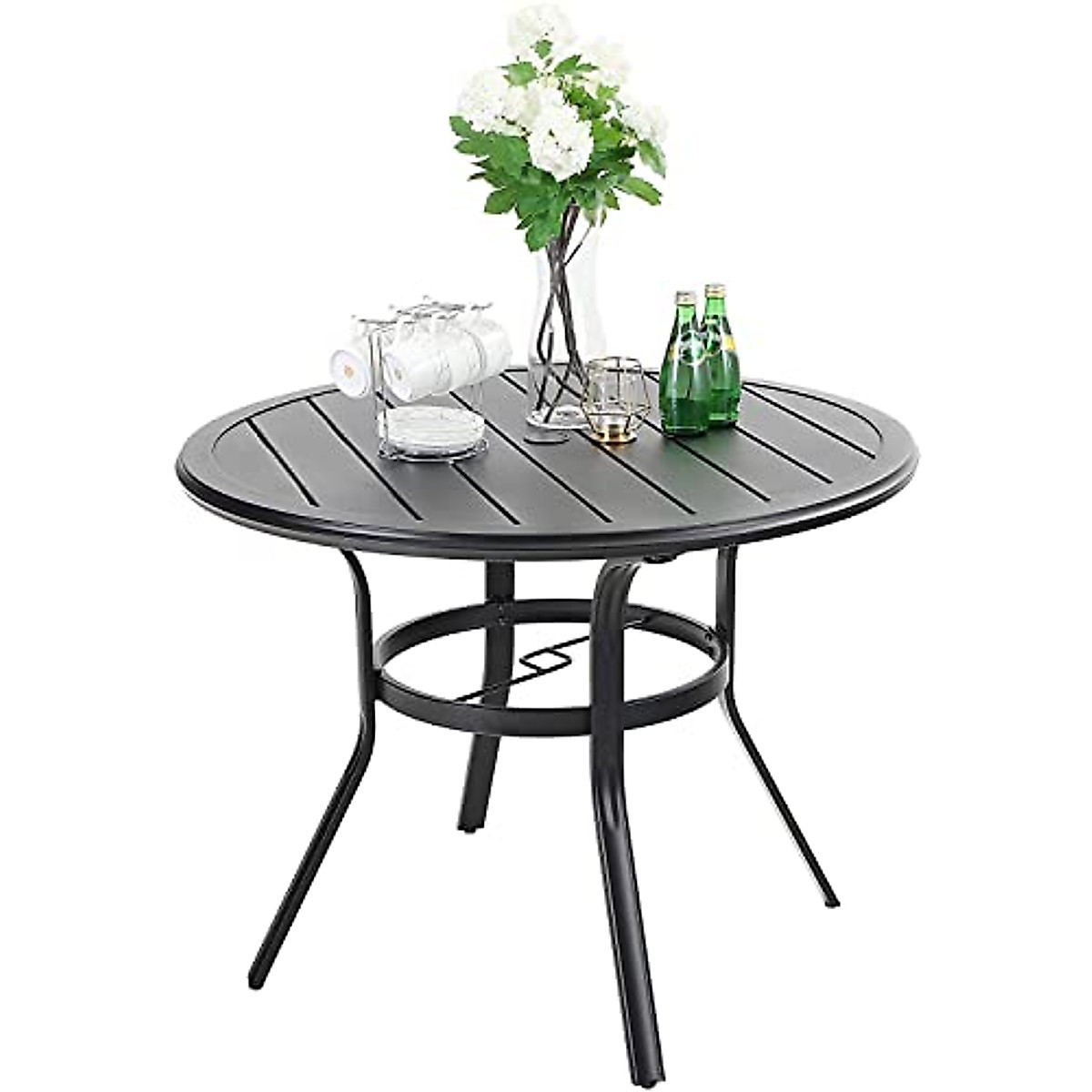 MFSTUDIO 38" Outdoor Dining Table with Adjustable mbrella Hole, Patio Metal All-Weather Round Table for Backyard Lawn Garden