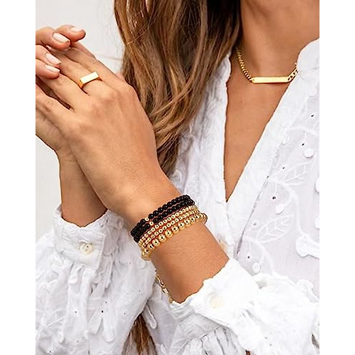 Gold Beaded Bracelets for Women Stackable Gold Bracelets for Women 14K Gold Plated Stretch Bead Ball Bracelet Hypoallergenic Bohemian Bracelets