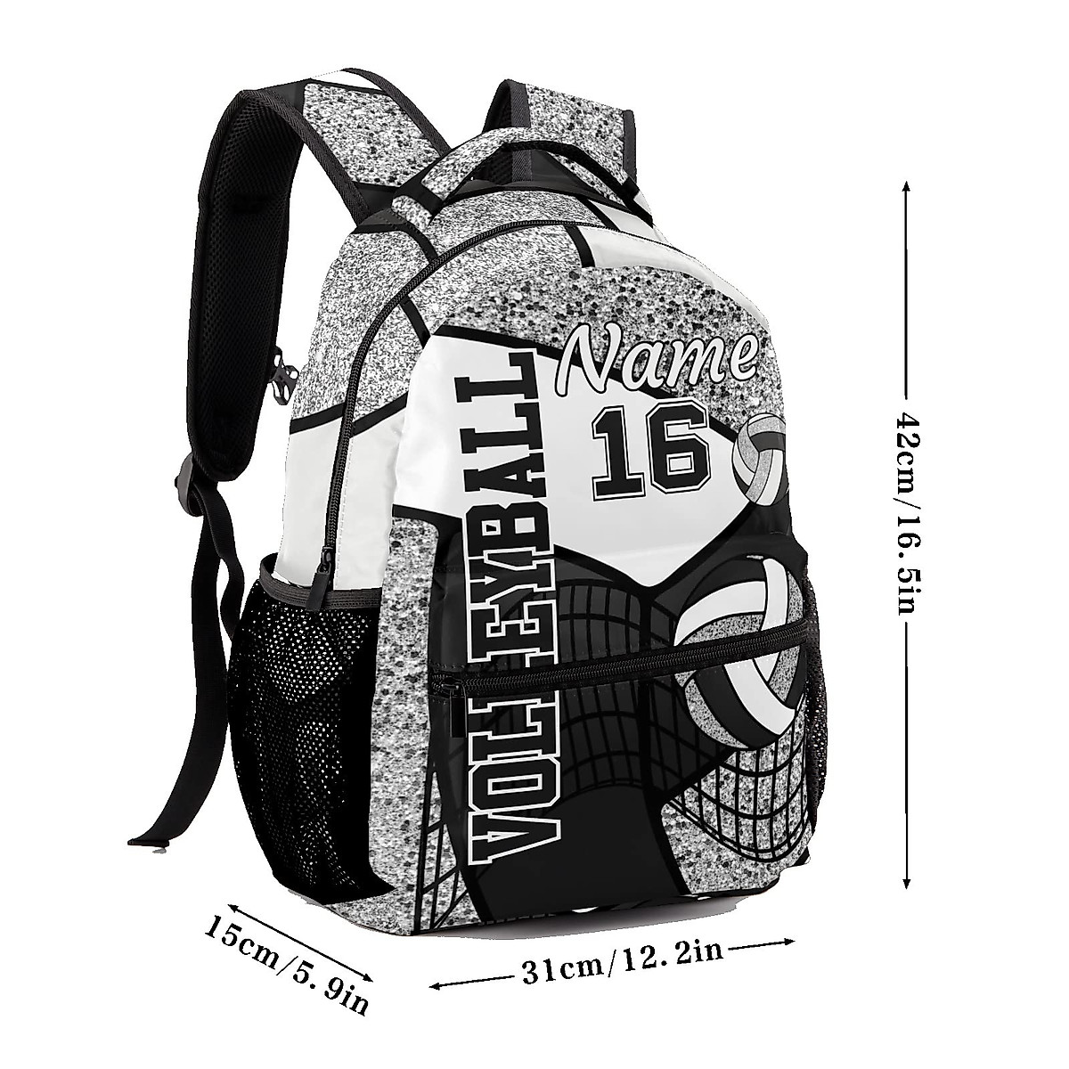 Zaaprint Volleyball Black Grey Print Backpack Shoulder Shopping Bag Travel Casual Bags with Name Text