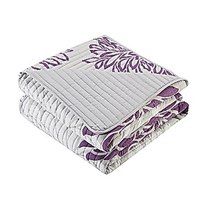 Comfort Spaces Enya Quilt Set - Casual Floral Print Channel Stitching Design, All Season, Lightweight Coverlet, Cozy Bedding, Matching Shams, Decorative Pillows, Full/Queen(90"x90"), Purple 3 Piece