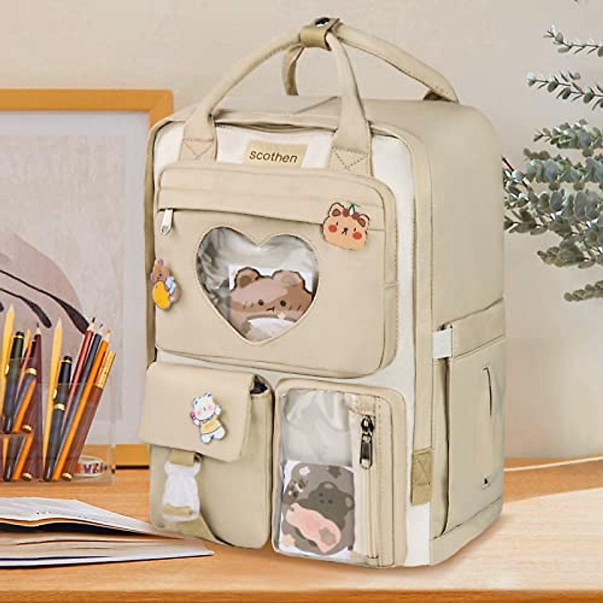 Backpack for Girls,Kawaii Backpack,Pin Display Backpack with Cute Pins,Kids School Bag,Heart Ita Backpack,Cute Aesthetic Bookbag for Teen Girls,Japanese Backpack for Elementary Middle School Girls