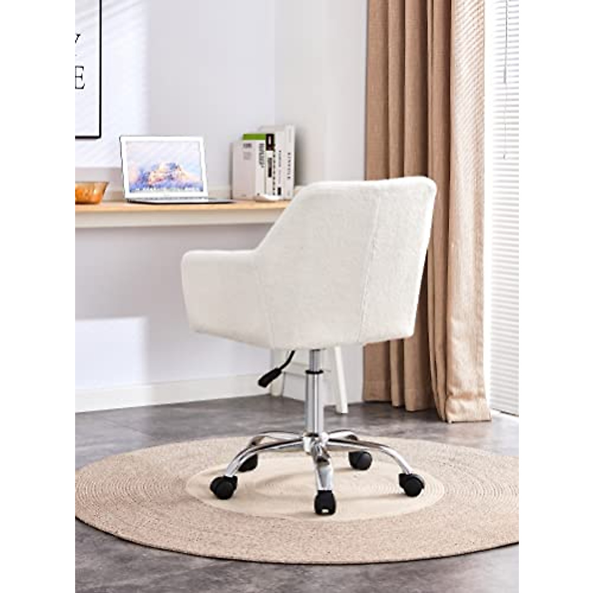 Modern Faux Fur Home Office Chair, Upholstered Fluffy Makeup Vanity Chair for Teen Girls Swivel Desk Chair, Height Adjustable Leisure Elegant chair, White