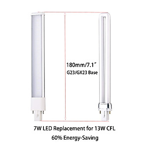 E-Simpo 2pcs G23 7W 7.1" LED Bulb PLS-13W Replacement G23d 2P Cold White 6000K LED PL Retrofit Horizontal Recessed Down Light Plug Play for INDUCTANCE/Magnetic Ballast (Cold White, 7inch/180mm 7W)
