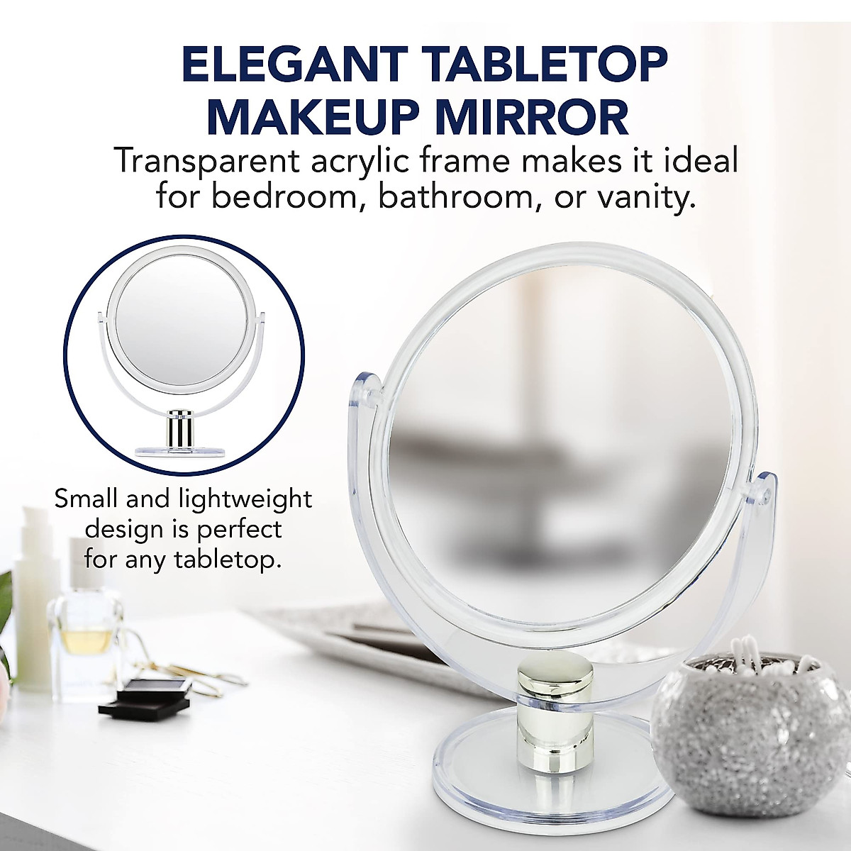 DecorRack 2 Sided Magnifying Mirror, 1x/2x Magnification, 6 Inch Makeup Mirror, Tabletop Vanity Mirror, Transparent