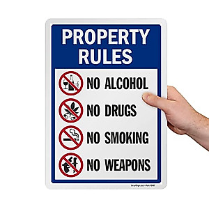 SmartSign 14 x 10 inch “Property Rules - No Alcohol, No Drugs, No Smoking, No Weapons” Metal Sign, 40 mil Laminated Rustproof Aluminum, Multicolor