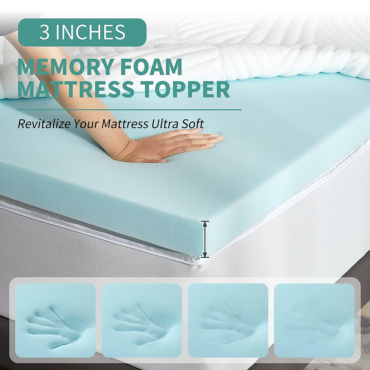 Ivellow Memory Foam Mattress Topper Queen Size Cooling 3 Inch Gel Mattress Pad Cover with 8"-21" Deep Pocket for Back Pain Queen