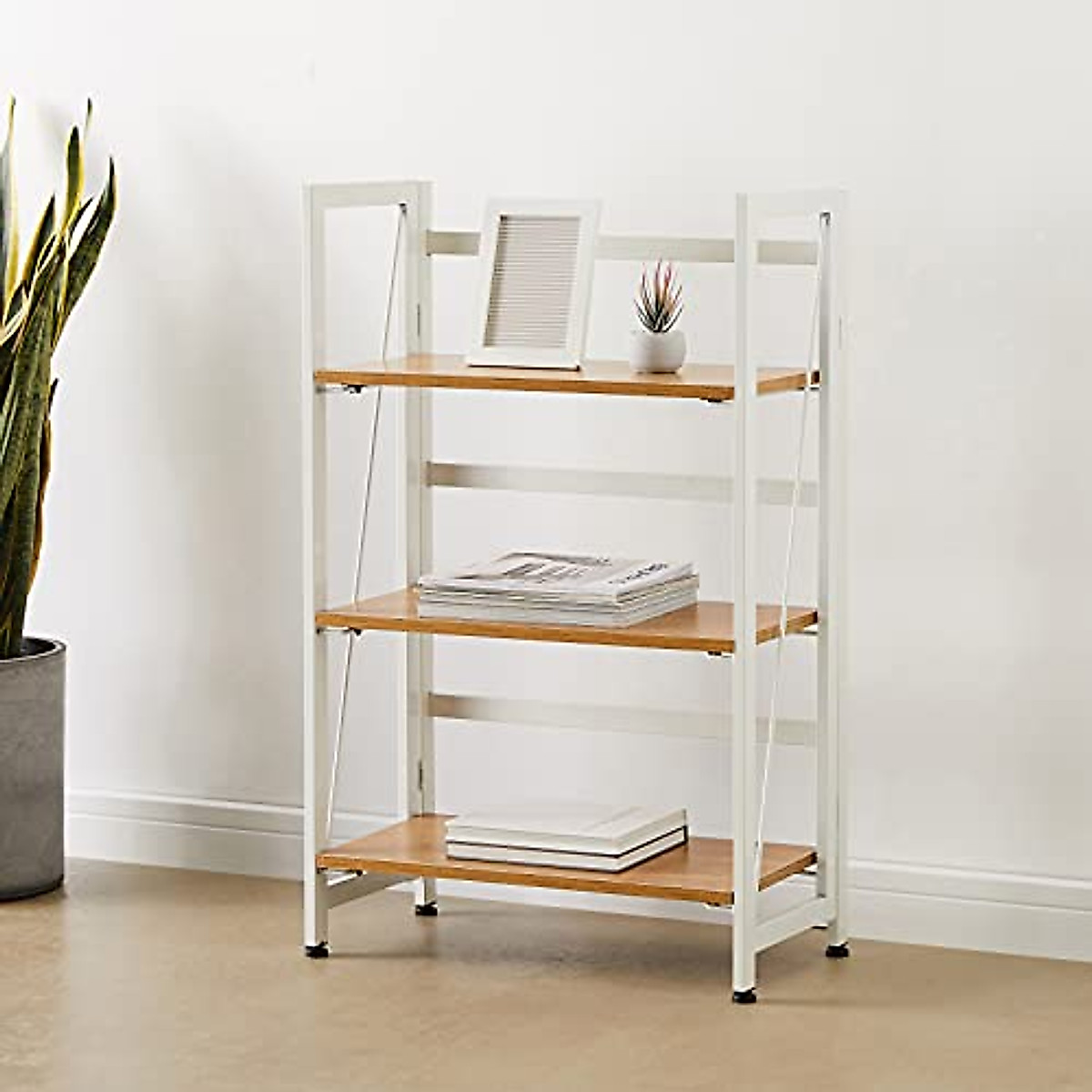 AZL1 Life Concept Accent Utility No-Assembly Folding Bookshelf Storage Shelves 3 Tiers Vintage Bookcase Standing Racks Study Organizer Home Office, Natural