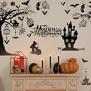 3 Sheets Halloween Wall Decals Tall Halloween Home Wall Decal Bats Ancient Castle Halloween Home Decor Removable DIY Wall Art for Halloween Party Supplies(Stylish Style)