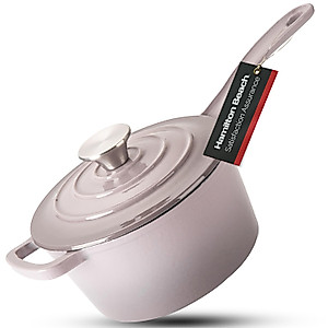 Hamilton Beach Enameled Cast Iron Sauce Pan 2-Quart Navy, Cream Enamel coating, Pot For Stove top and Oven Cooking, Even Heat Distribution, Safe Up to 400 Degrees, Durable