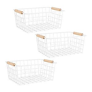 Fvstar 3pcs Wire White Baskets with Wooden Handles,Metal Storage Organizer Bins,Household Refrigerator Basket for Cabinets,Pantry,Shelf,Countertop,Closets,Bedrooms,kitchen