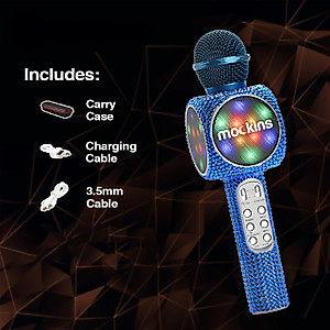 Mockins Blue Bling Karaoke Microphone for Kids | Wireless Mic with Voice Changer & LED Lights | Portable Microphone for Singing w/ Cable & Carry Case