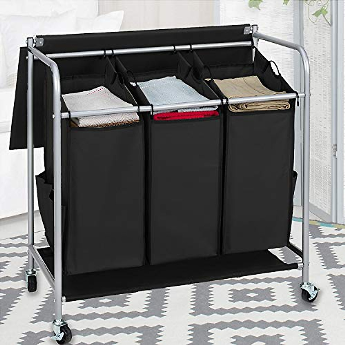 JINAMART 3 Section Laundry Sorter with Ironing board, Rolling Laundry Hamper cart, Removable Bag Sorter Basket with 4 side pockets, Laundry Organization Bins for Bedroom & Bathroom (Black)