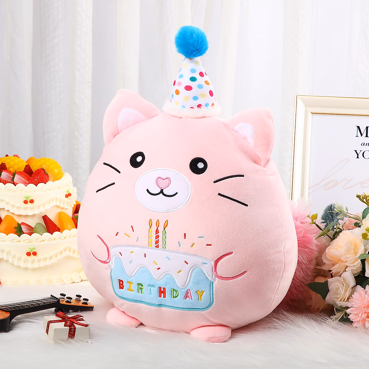 Leyndo 16 Inch Birthday Stuffed Animals Birthday Cat Plush Throw Pillow Cute Stuffed Kitten Plushie Soft Cat Plush Pillow for Kids Adults Birthday Party Favor Gift Sofa Bedroom Decorations