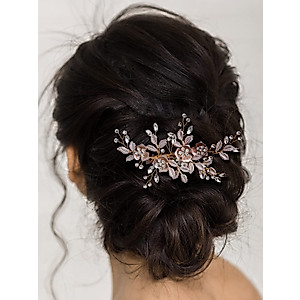 SWEETV Light Rose Gold Wedding Clip Rhinestone Bridal Comb Barrette - Handmade Flower Clip Head Pieces for Women