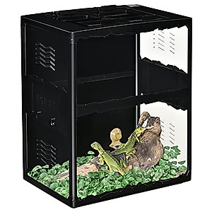 PawHut Reptile Glass Terrarium Tank, Breeding Box with Screen Ventilation, Lamp Holders, Hanging Basin for Lizards, Chameleon, Tortoise, 23.5" x 16" x 28"