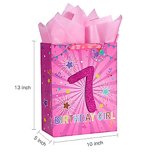 Loveinside Birthday Pink Gift Bag with Tissue Paper, Gift Tag and Greeting Card for 7th Girl Birthday, Party, Baby Shower and More - 10" x 5" x 13", 1 Pcs - 7th Birthday