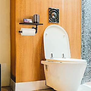 Industrial Wall Paper Towel Holder Wood & Pipe Floating Shelf Vintage Hand Roll Paper Towel Holders Stand Wall Mounted Toilet Paper Storage Rack for Bathroom, Kitchen, Washroom(Rustic Brown)